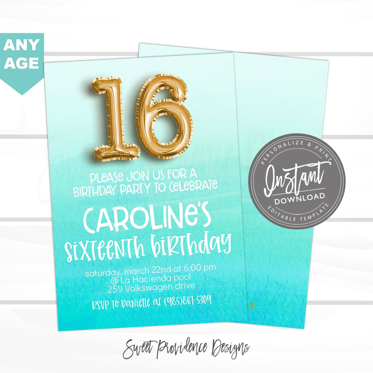 16th Birthday Invitation Editable Sweet 16 Birthday Party Invite Aqua 16th Birthday Invitation Editable Sweet 16 Birthday Party Invite Aqua