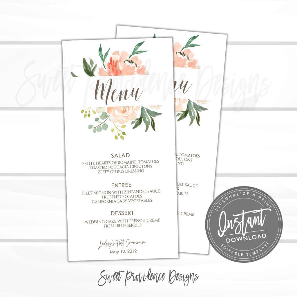 Floral Menu Card, Communion Menu, Editable Peach Gold Menu, Wedding ...