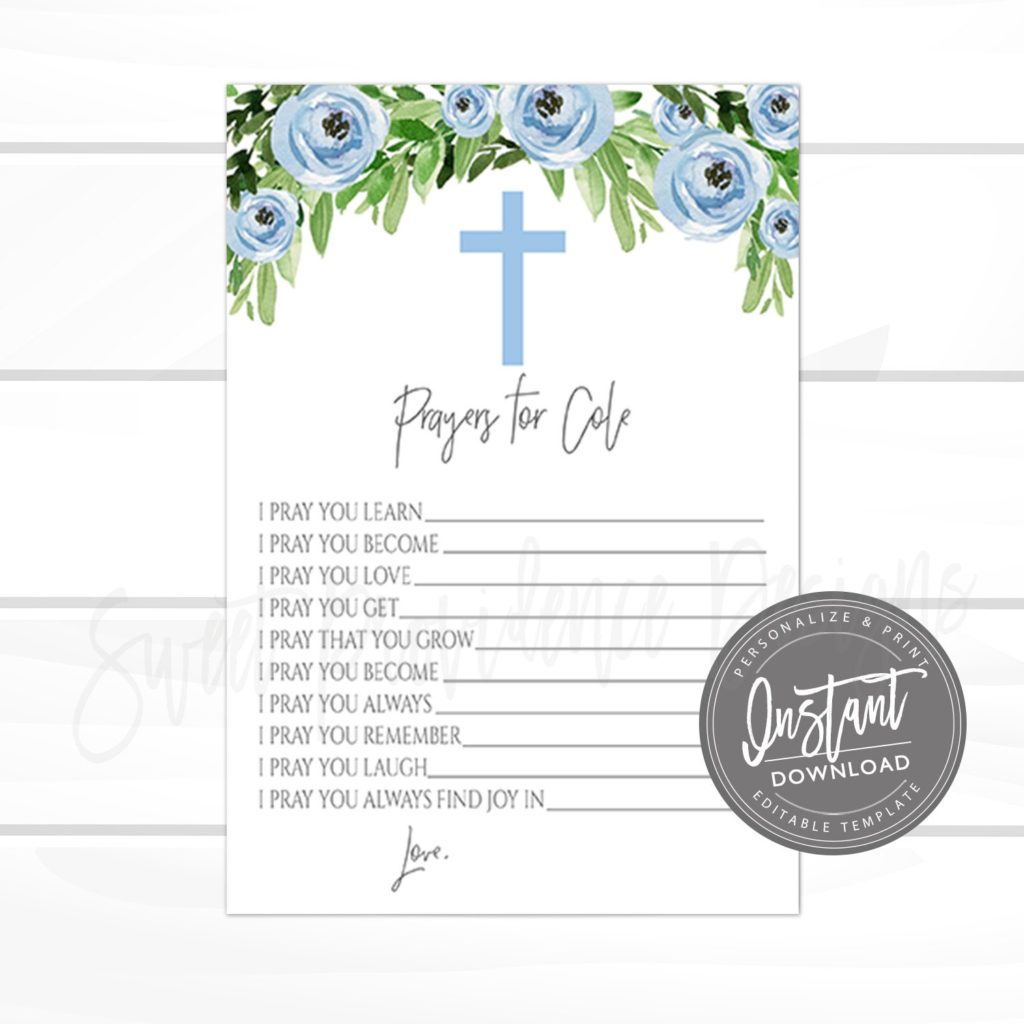 First Communion Prayer Card, Editable Blue Floral Communion Prayers ...
