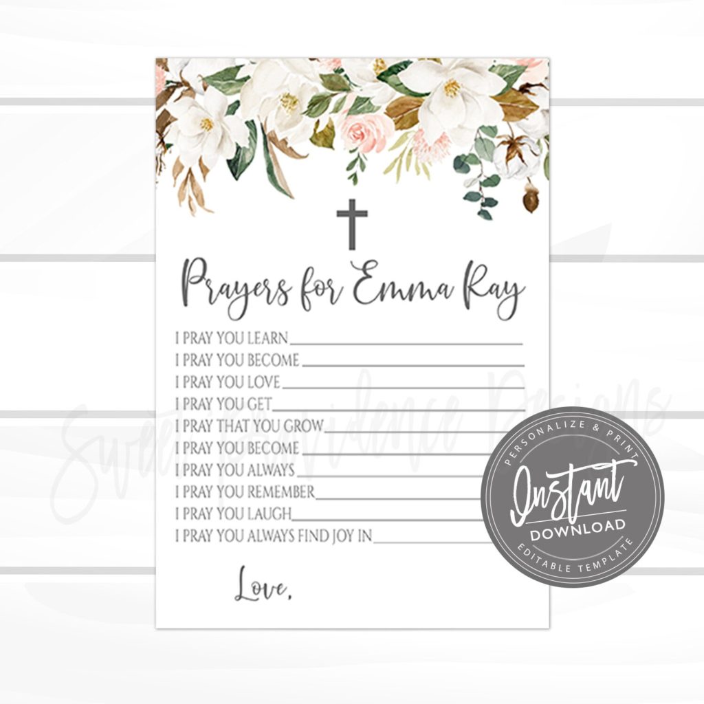 First Communion Prayer Card, Editable Cotton Magnolia Floral Communion ...