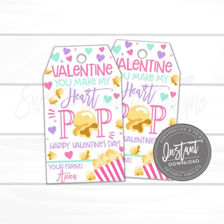 Popcorn Valentine Printable Favor Tags, You Make My Heart Pop Tags ...