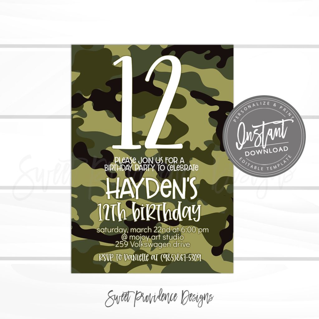 Editable Camo Party Invitation, Birthday Party, Boy Birthday Invitation ...