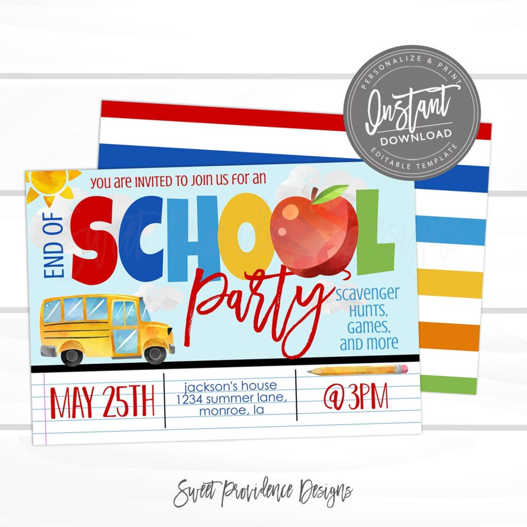 Editable School End of Year Party Invitation, PTO End of School Class ...